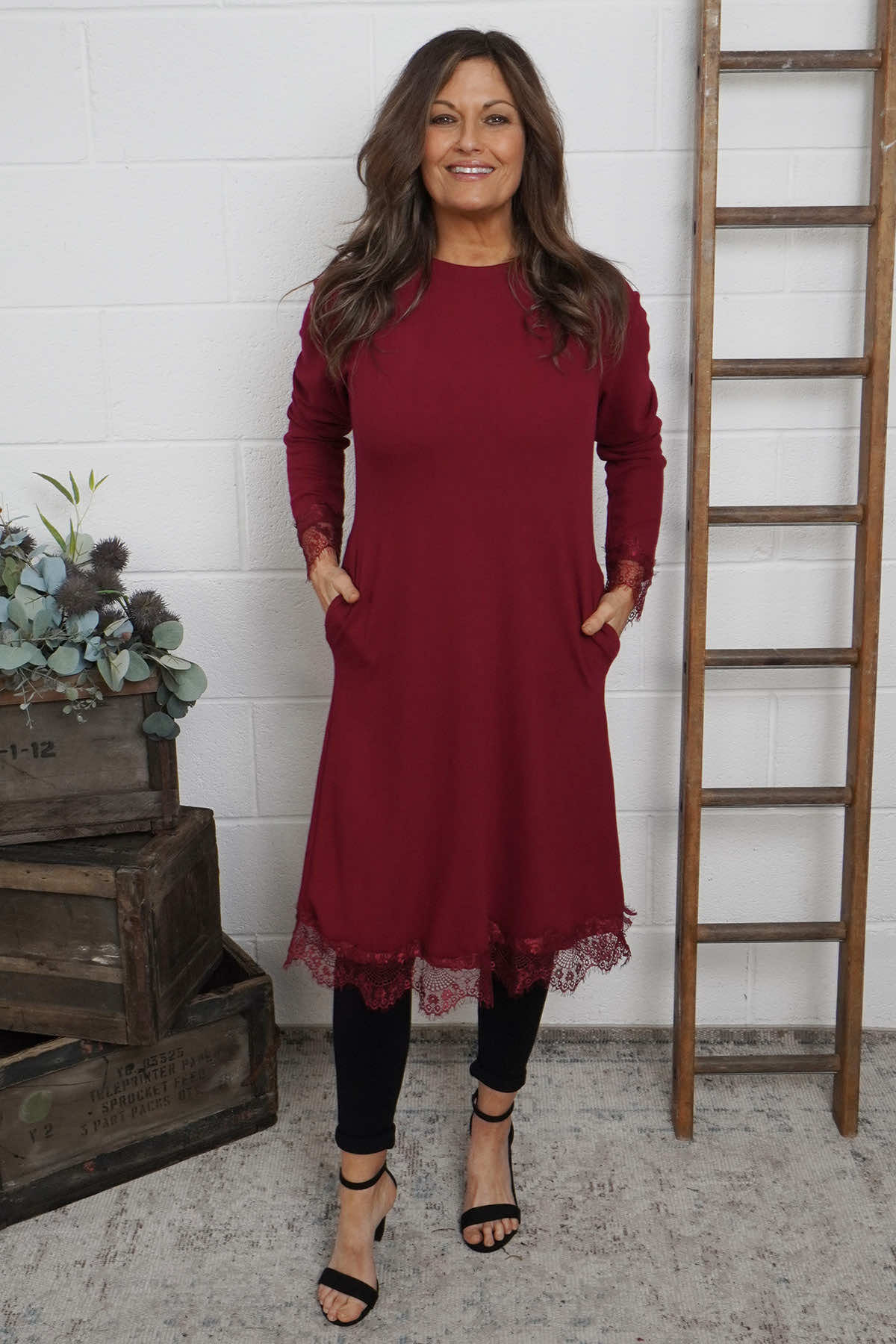Wine Merinda Lace Detail Dress | Made In Italy | Kit and Kaboodal
