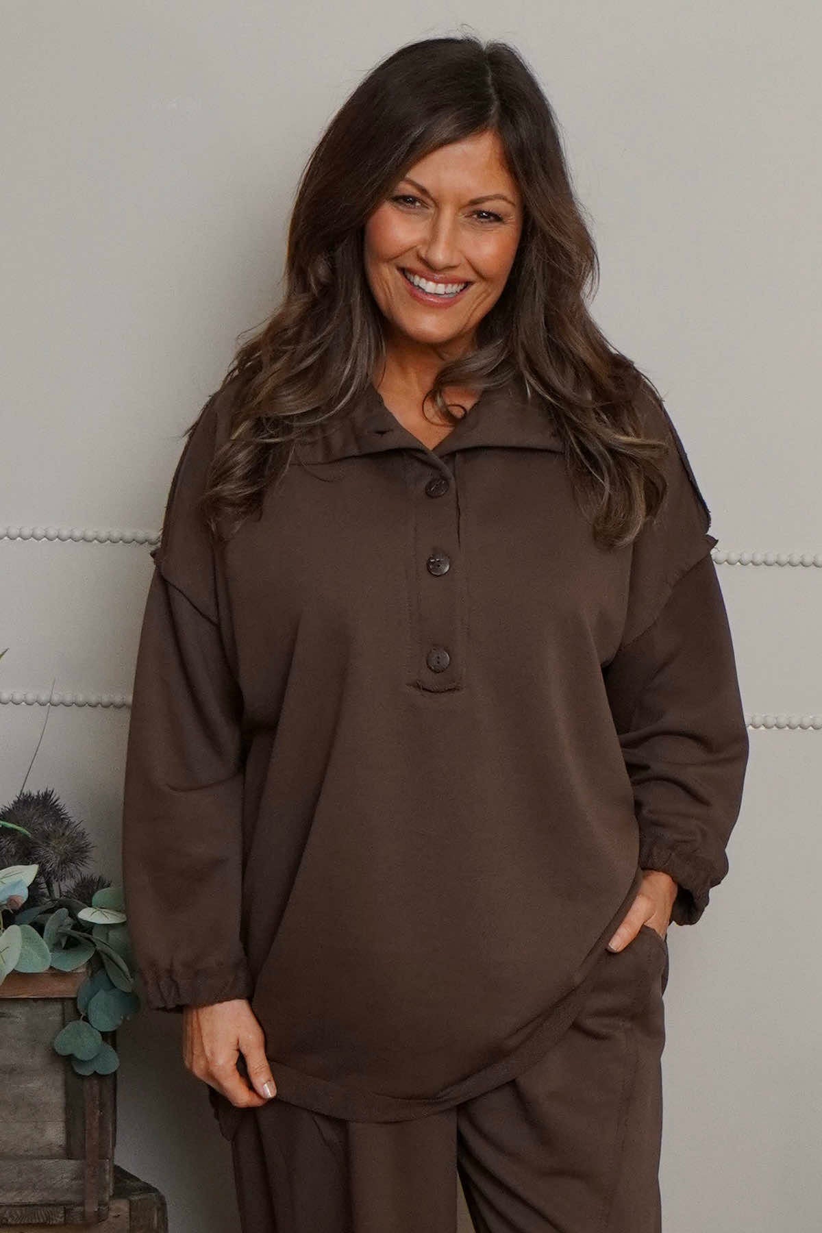 Cocoa Sybil Button Cotton Sweatshirt | Made In Italy | Kit and Kaboodal