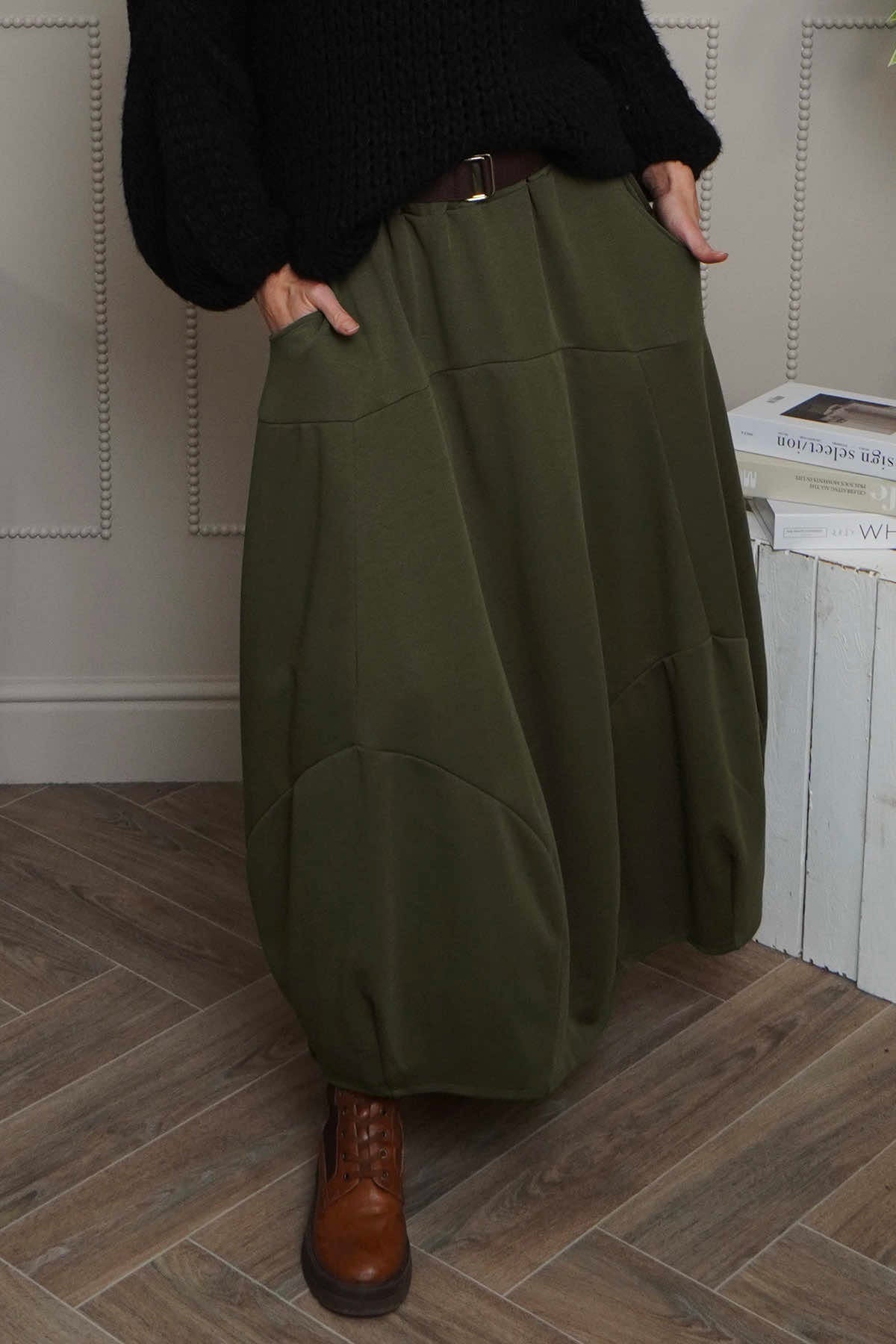 Khaki Georgetta Belted Cotton Skirt | Made In Italy | Kit and Kaboodal