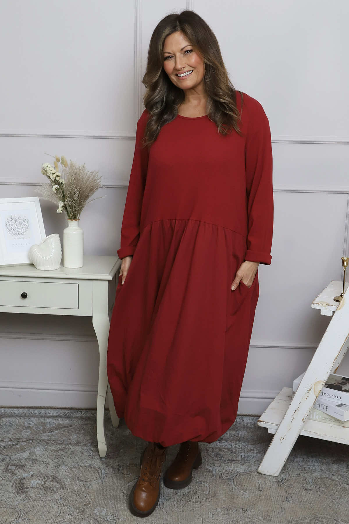 Red Sandown Long Sleeve Puffball Cotton Dress | Made In Italy | Kit and ...